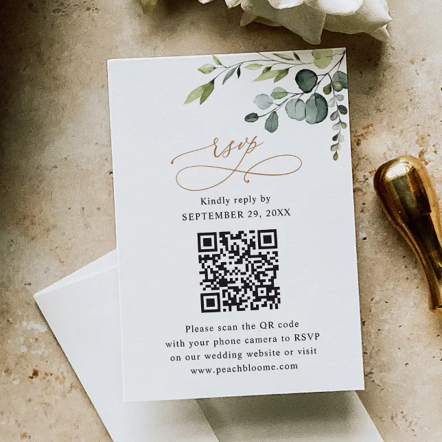 QR Code Rustic Eucalyptus Greenery Gold Wedding RSVP Card | Zazzle