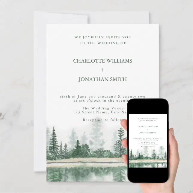 QR Code Rustic Mountain Forest Watercolor Wedding Invitation | Zazzle