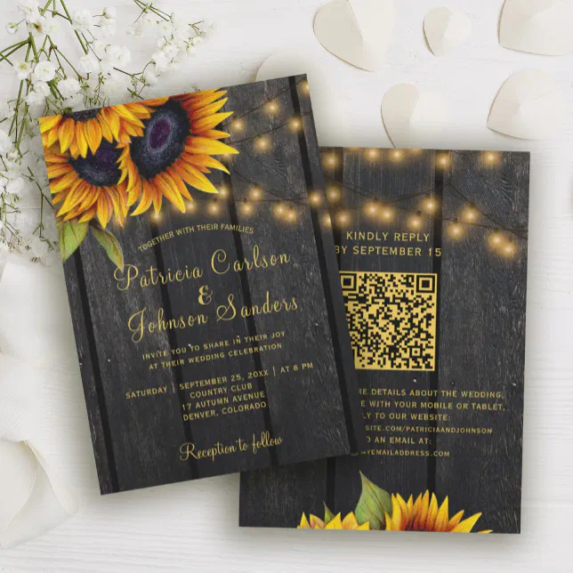 QR code rustic sunflower all in one wedding Invitation | Zazzle