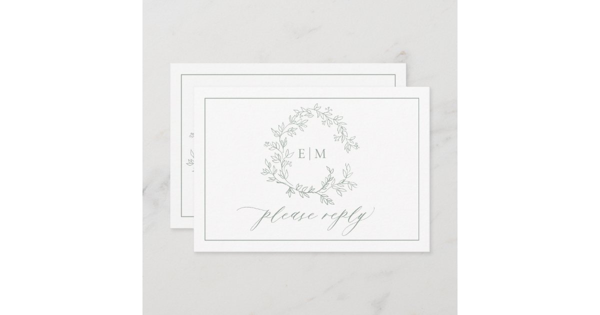 QR Code Sage Green Leafy Crest Monogram Wedding RSVP Card | Zazzle
