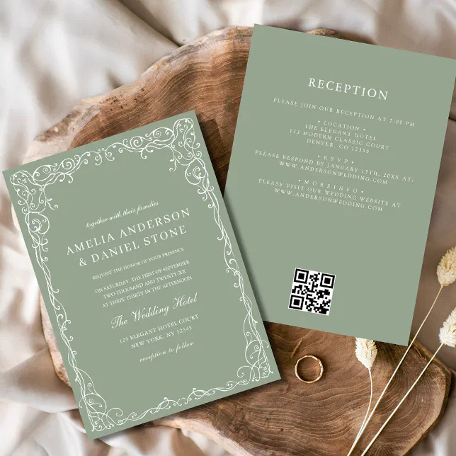 QR Code Sage Green Minimal Wedding Invitation | Zazzle