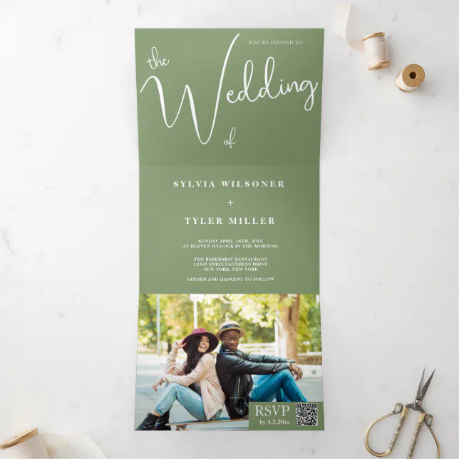 QR Code Sage Minimalist Photo Wedding Tri-Fold Invitation | Zazzle