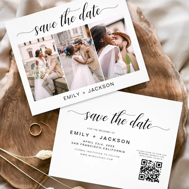 QR Code - Save the Date Modern Invitation 3 Photo Flyer | Zazzle
