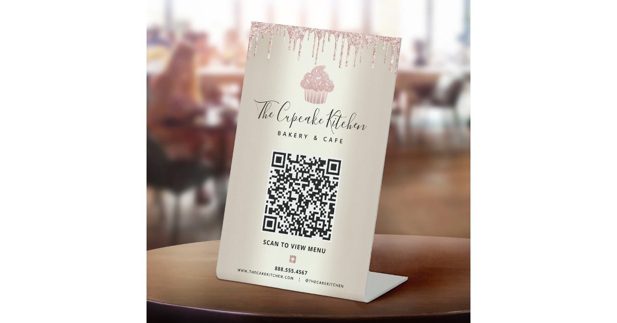QR Code Scan Menu Pink Cupcake Glitter Gold Bakery Pedestal Sign | Zazzle