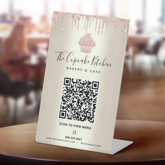 QR Code Scan Menu Pink Cupcake Glitter Gold Bakery Pedestal Sign | Zazzle