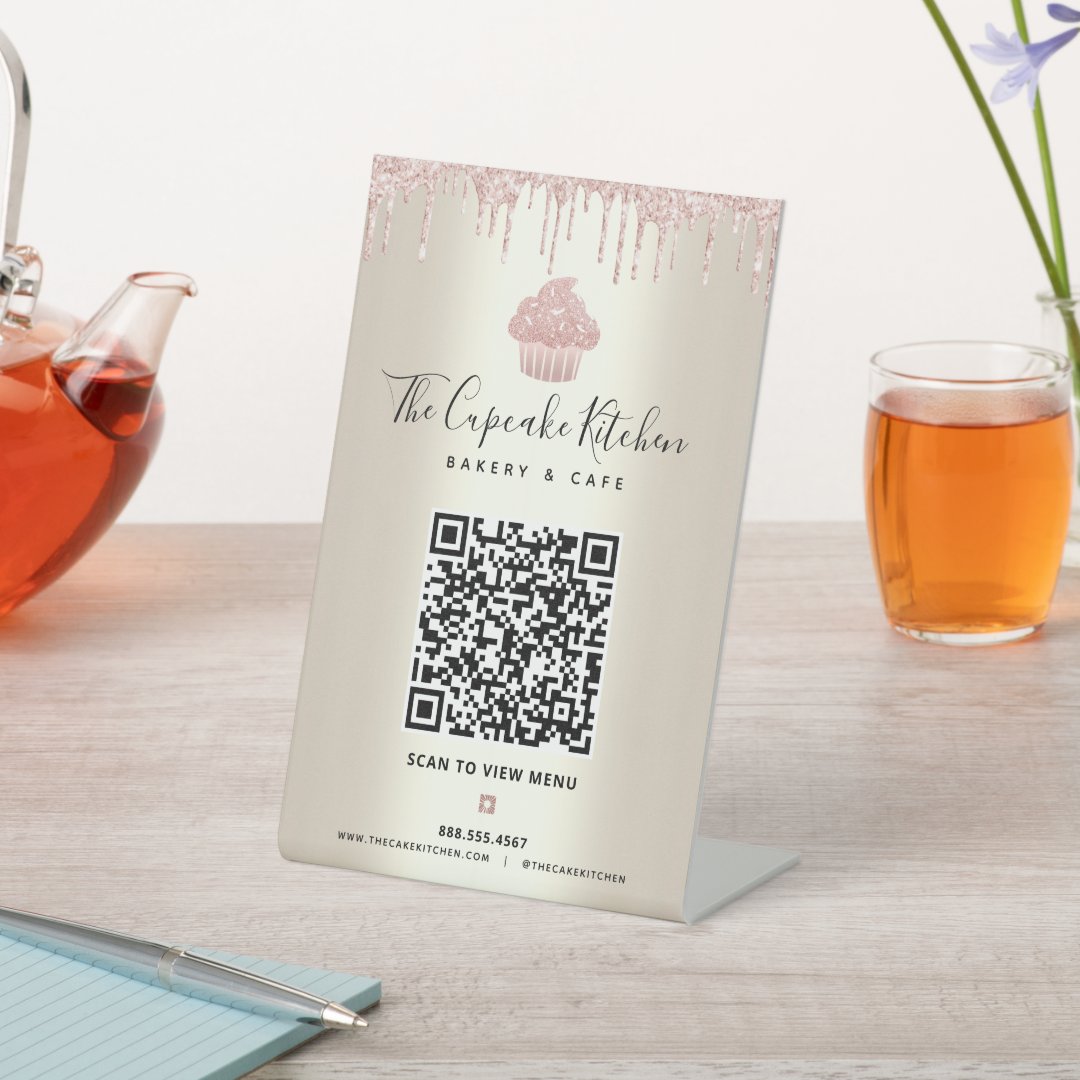 QR Code Scan Menu Pink Cupcake Glitter Gold Bakery Pedestal Sign | Zazzle