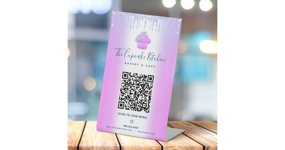 QR Code Scan Menu Purple Cupcake Glitter Bakery Pedestal Sign | Zazzle