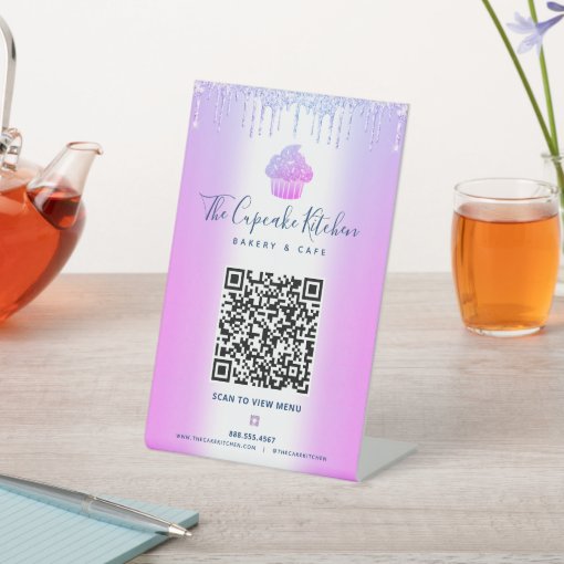 QR Code Scan Menu Purple Cupcake Glitter Bakery Pedestal Sign | Zazzle