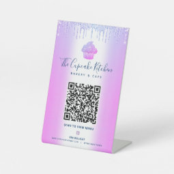 QR Code Scan Menu Purple Cupcake Glitter Bakery Pedestal Sign | Zazzle