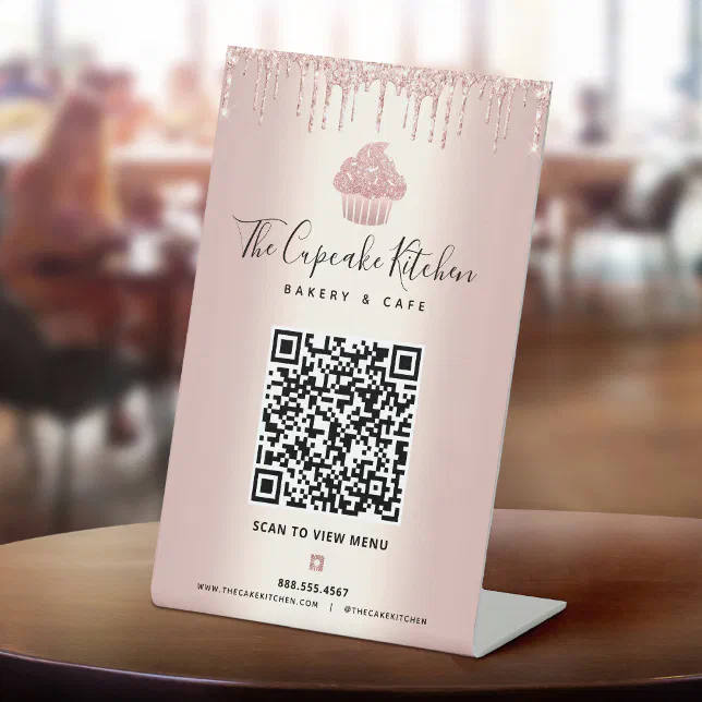 QR Code Scan Menu Rose Gold Cupcake Glitter Bakery Pedestal Sign | Zazzle