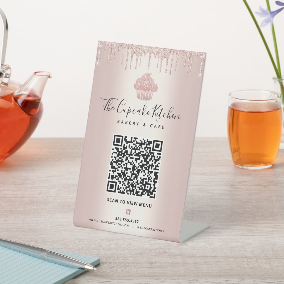QR Code Scan Menu Rose Gold Cupcake Glitter Bakery Pedestal Sign | Zazzle