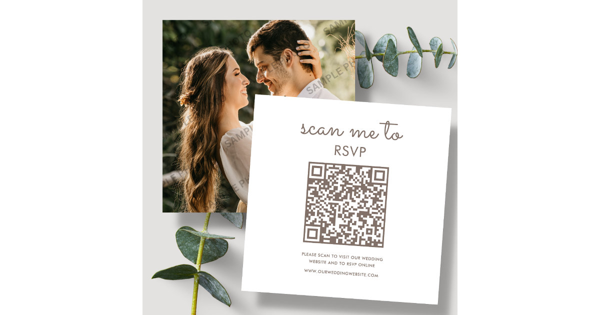 QR Code Scan to RSVP White Brown Photo Enclosure Card | Zazzle