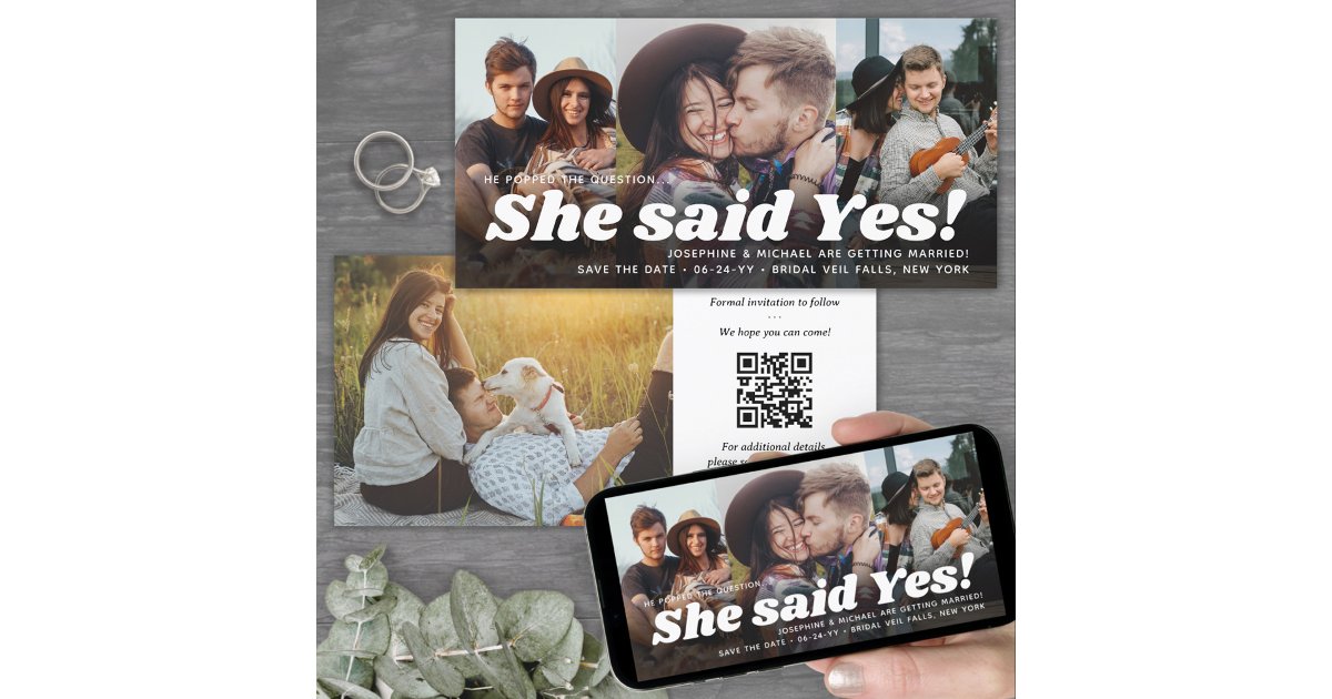 QR Code She Said Yes! Wedding Engagement 4 Photo Save The Date | Zazzle