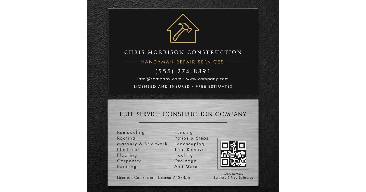 QR Code Silver Metallic Handyman Construction Business Card | Zazzle