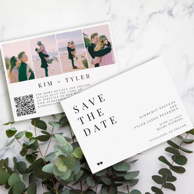 QR CODE Simple 4 photo collage typography wedding Save The Date | Zazzle