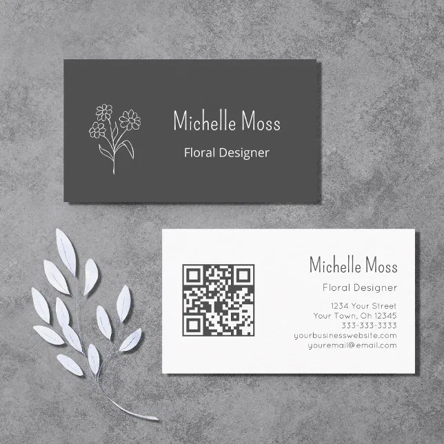 QR code Simple Daisy Floral Designer Gray Business Card | Zazzle