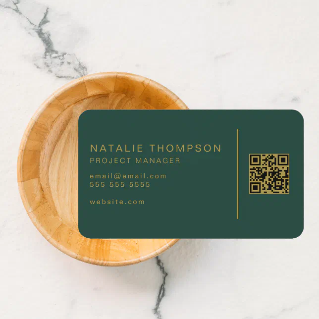 QR Code Simple Elegant Emerald Green and Gold Business Card | Zazzle