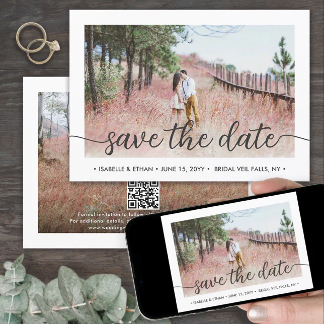 QR Code Simple Handwritten Script 2 Photo Wedding Save The Date | Zazzle