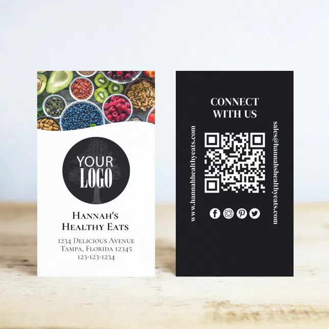 QR Code Simple Photo and Logo Black Business Card | Zazzle