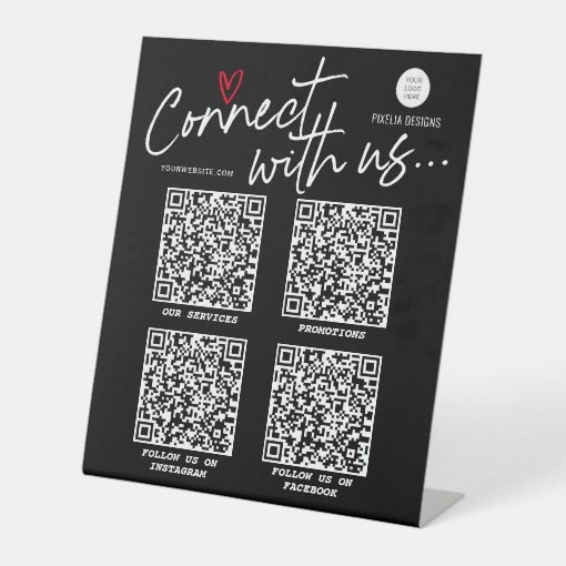 QR Code social media sign, Modern trendy script Pedestal Sign | Zazzle