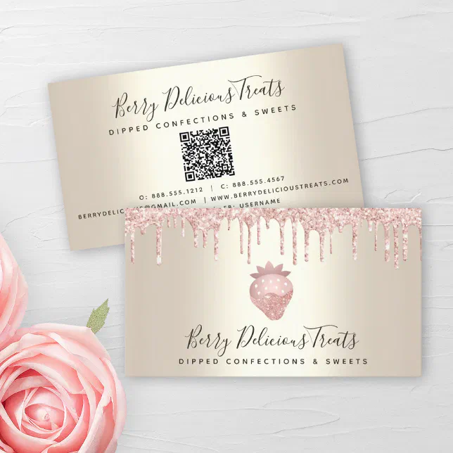 QR Code Strawberry Pink Glitter Confection Gold Business Card | Zazzle