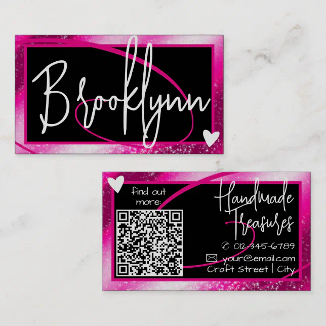 QR Code Template Stylish Girly Pink Frame Heart Business Card | Zazzle