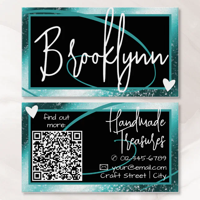 QR Code Template Stylish Teal Aqua Frame Heart Business Card | Zazzle