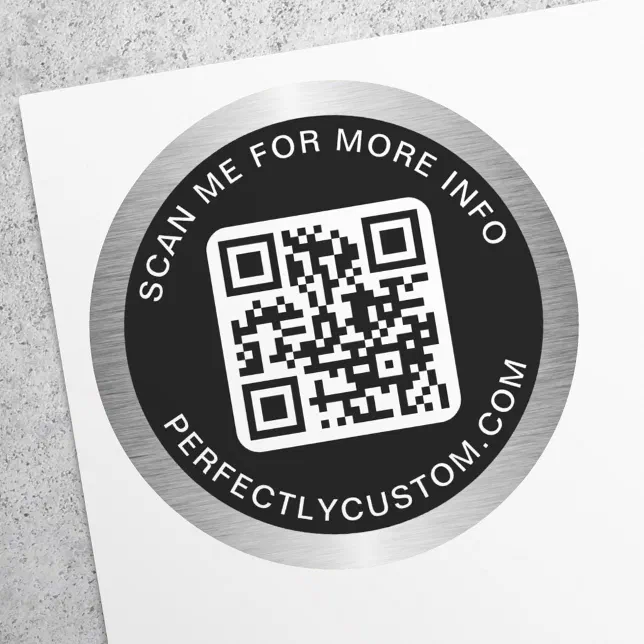 QR code text silver gray gradient border black Classic Round Sticker ...