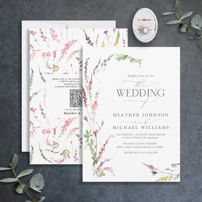 QR Code Trendy Elegant Wildflower Floral Wedding Invitation | Zazzle