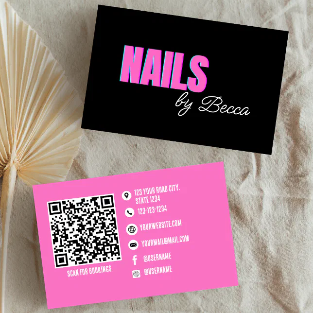 QR Code Trendy Hot Pink Minimal Nail Tech Business Card | Zazzle