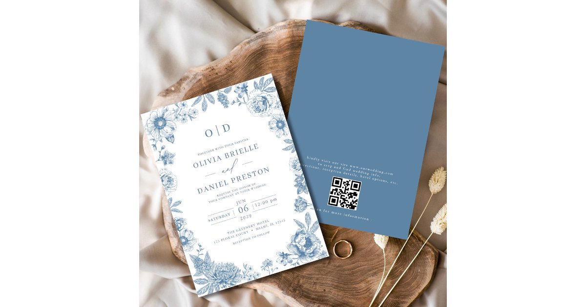 QR Code Victorian French Dusty Blue Wedding Invitation | Zazzle
