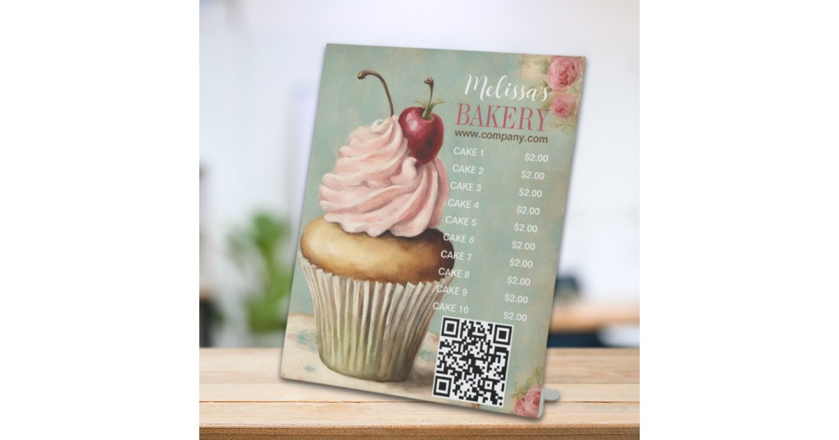 QR code vintage cake catering cupcake baker bakery Pedestal Sign | Zazzle