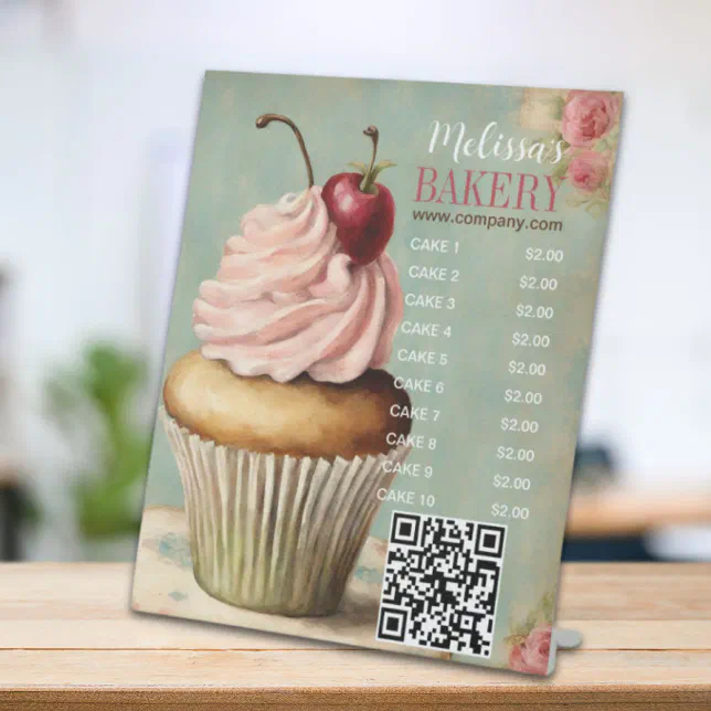 QR code vintage cake catering cupcake baker bakery Pedestal Sign | Zazzle
