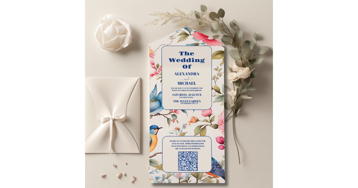 QR Code Watercolor Birds Peony Chinoiserie Garden All In One Invitation ...