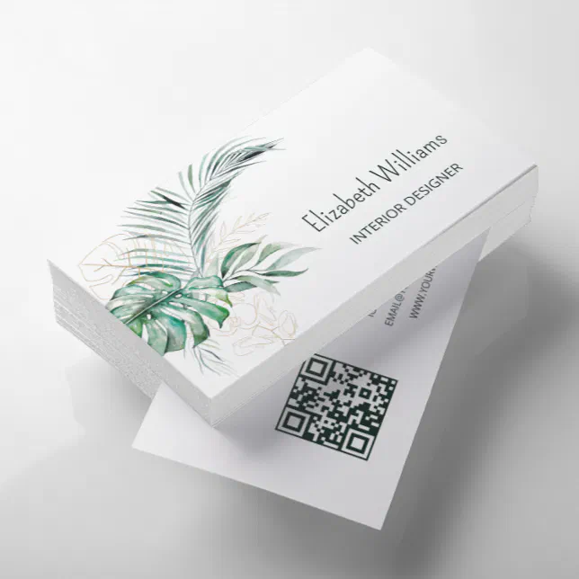 QR Code | Watercolor Tropical Leaves Business Card | Zazzle