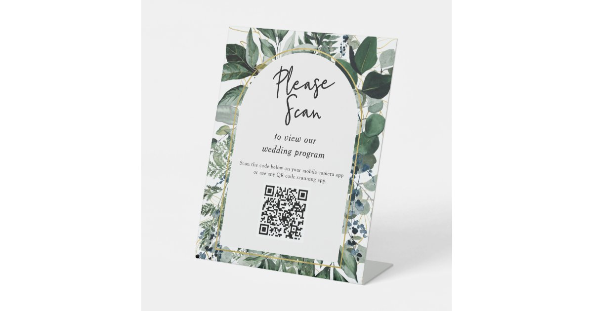 QR code wedding program Modern Botanical Greenery Pedestal Sign | Zazzle