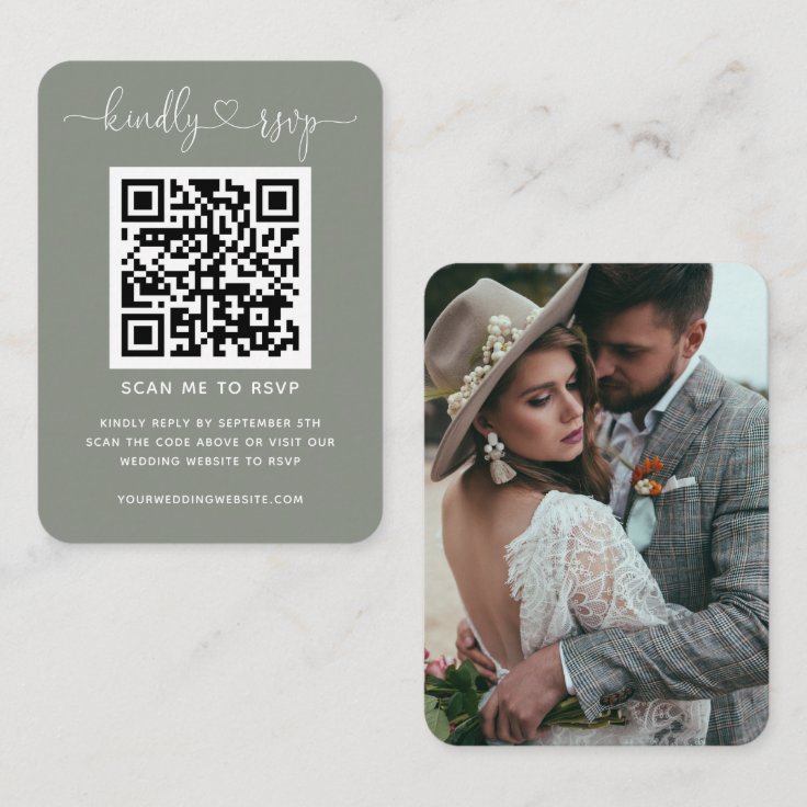 QR Code Wedding Website RSVP Sage Green Photo Enclosure Card | Zazzle