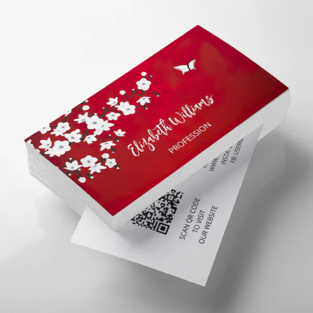 QR Code | White Cherry Blossom Red Business Card | Zazzle