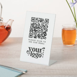 QR Code White Menu Logo Contactless Modern Cafe Pedestal Sign | Zazzle