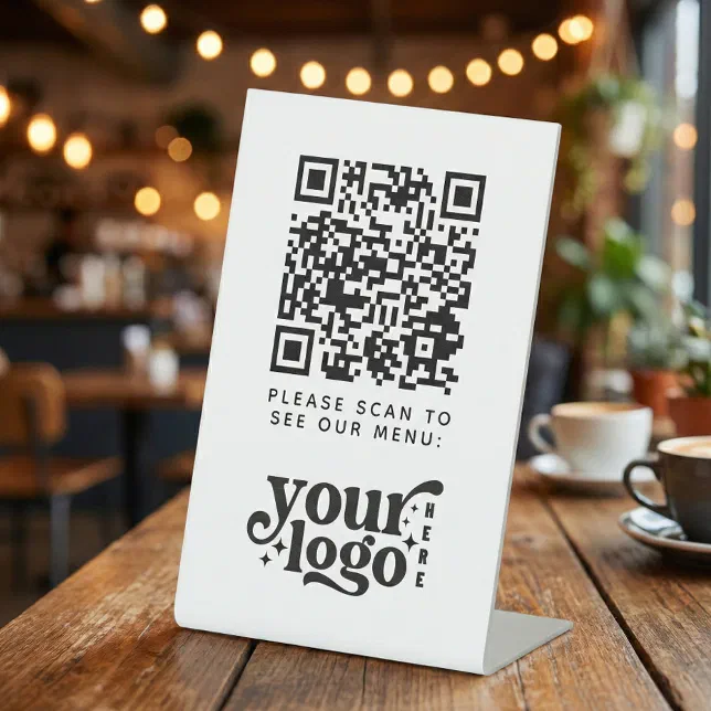 QR Code White Menu Logo Contactless Modern Cafe Pedestal Sign | Zazzle