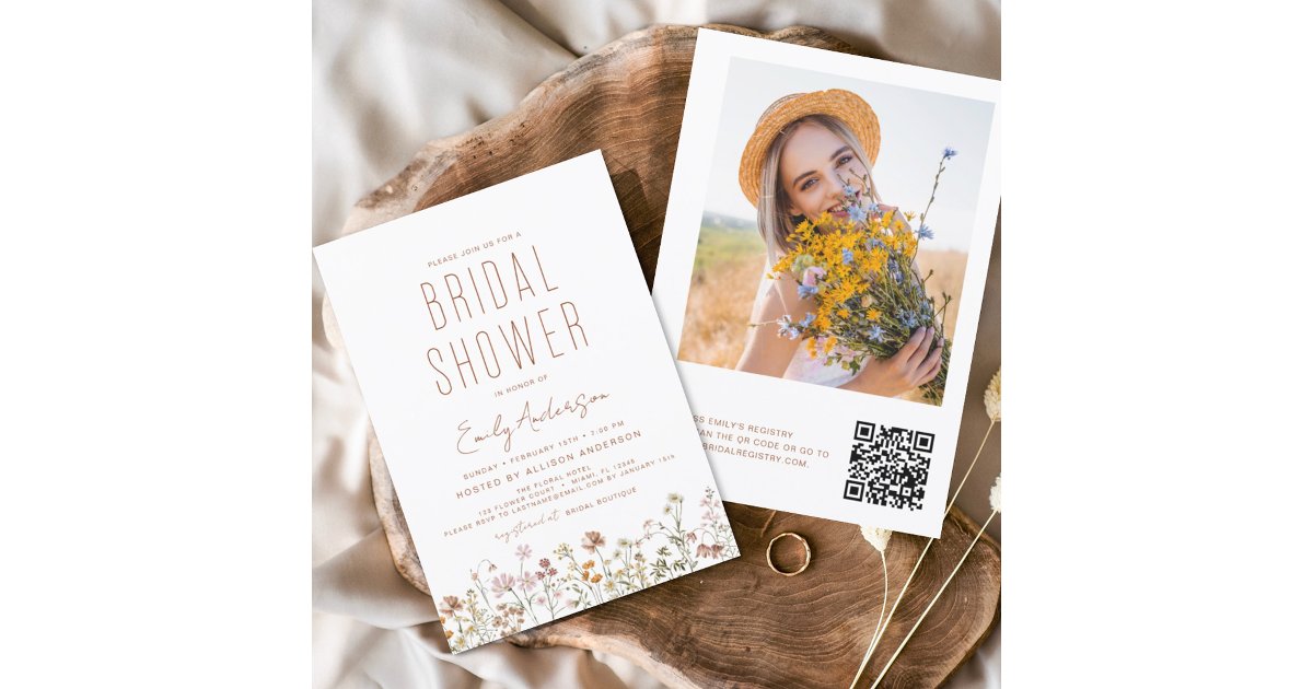 QR Code Wildflower Bridal Shower Photo Invitation | Zazzle