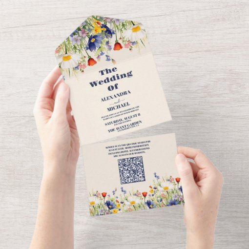 QR Code Wildflower Wedding Rustic Floral All In One Invitation | Zazzle
