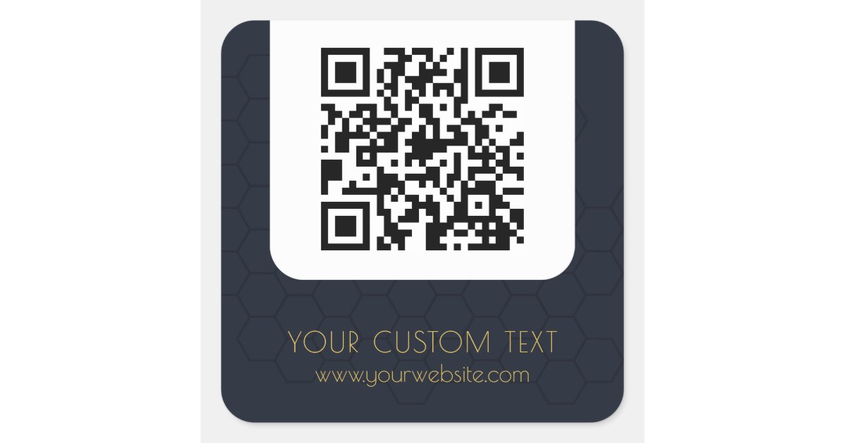 QR Code with custom text navy blue elegant Square Sticker | Zazzle