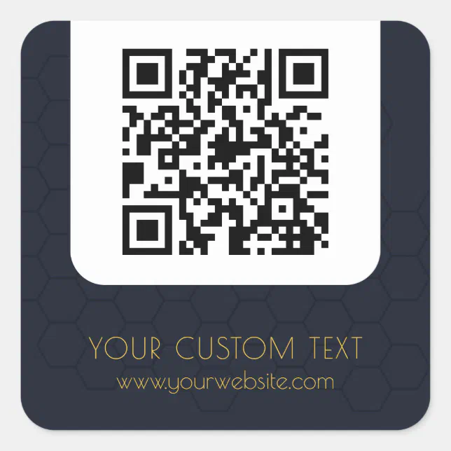 QR Code with custom text navy blue elegant Square Sticker | Zazzle