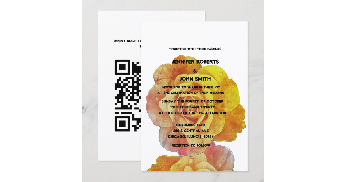 QR Code Yellow Orange White Floral Rose Wedding Invitation | Zazzle