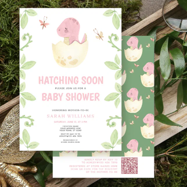 QR Cute Dinosaur Hatching Soon Pink Baby Shower Invitation | Zazzle