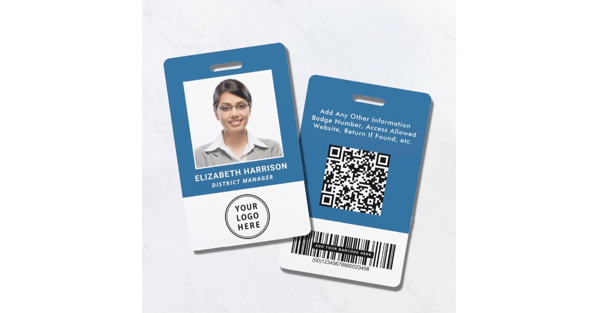 QR Logo Bar Codes Employee Photo Blue Badge | Zazzle