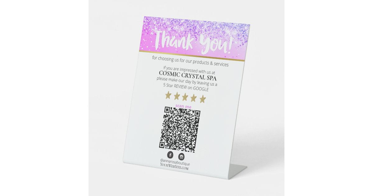 QR THANK YOU REVIEW Violet Pink Glitter AP8 Pedestal Sign | Zazzle