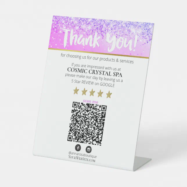 QR THANK YOU REVIEW Violet Pink Glitter AP8 Pedestal Sign | Zazzle