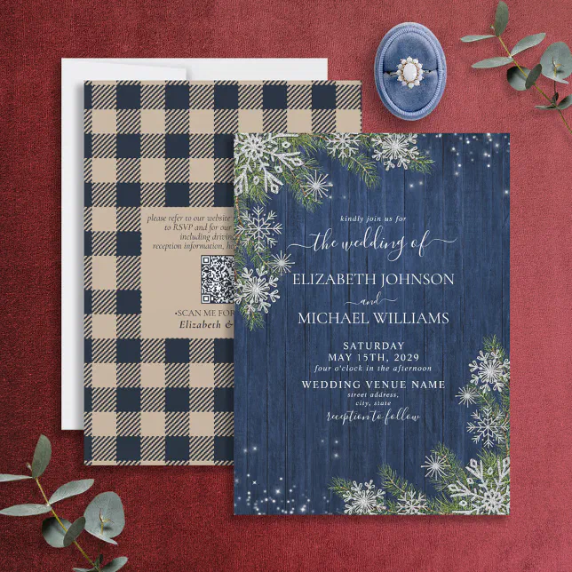 QRCode Blue Silver WinterWood Plaid Rustic Wedding Invitation | Zazzle